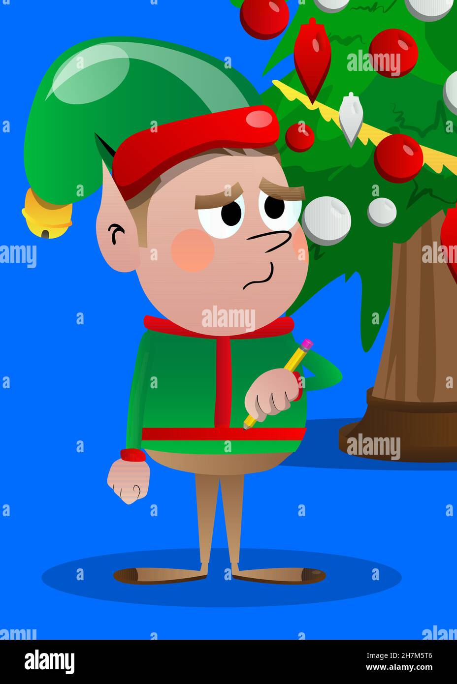 Christmas Elf writing with pencil. Vector cartoon character ...
