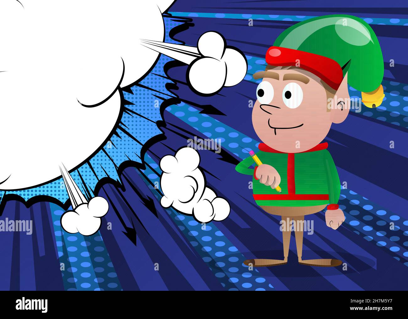 Christmas Elf writing with pencil. Vector cartoon character ...