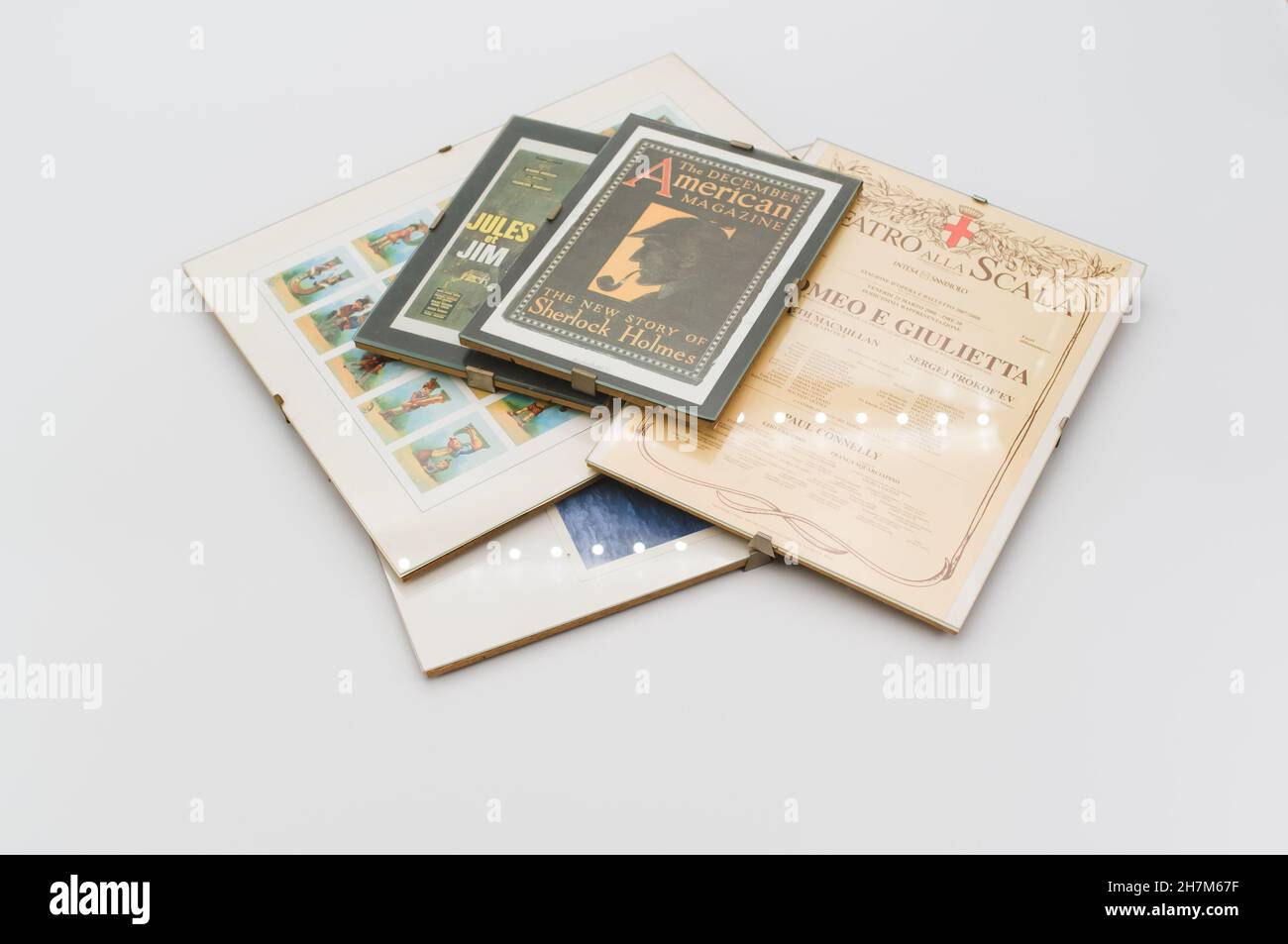 INVERIGO, ITALY - Nov 18, 2021: images and posters in glass clip frames ...