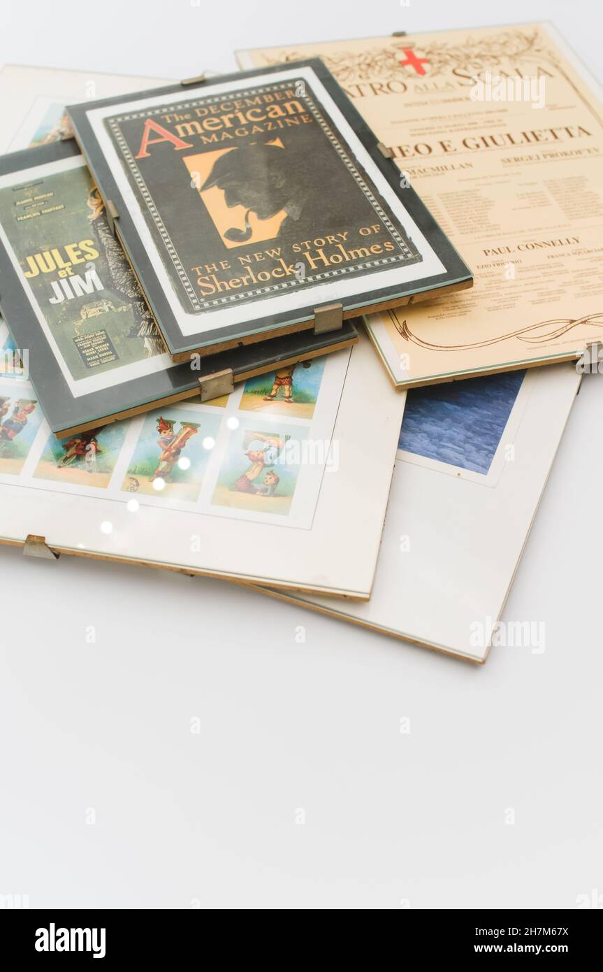 INVERIGO, ITALY - Nov 18, 2021: images and posters in glass clip frames ...