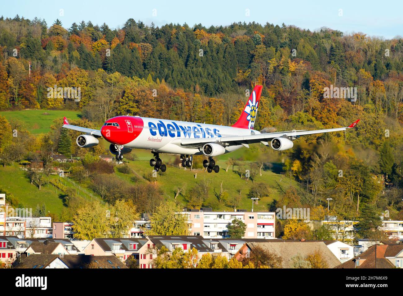 Edelweiss Air Airbus A340-300 aircraft landing at Zurich Airport ...