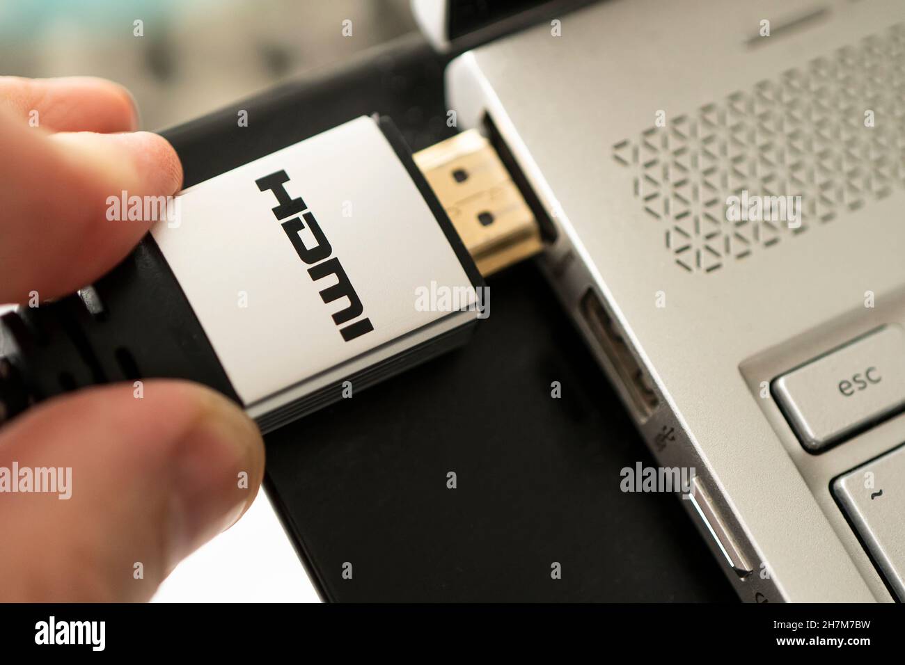 HDMI line connecting the audio and video system of notebook to ...