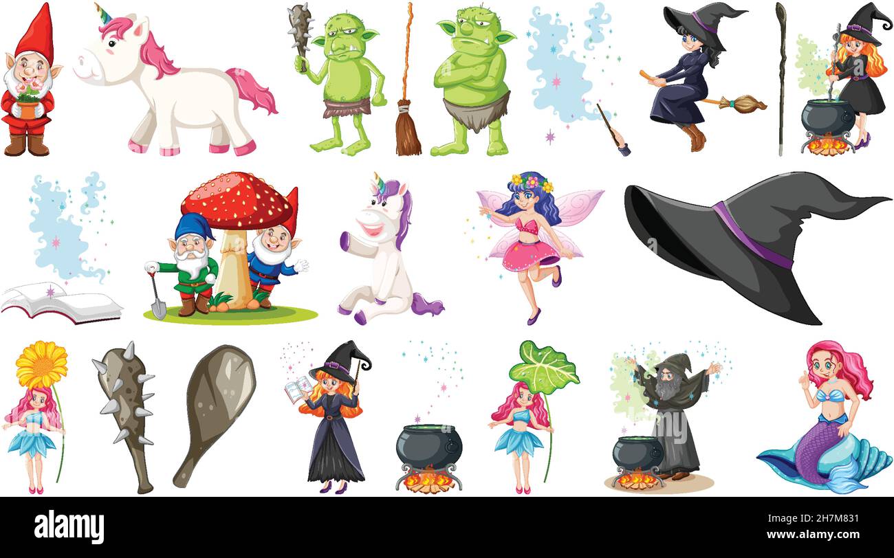 Set of fantasy fairy tale characters and elements illustration Stock ...