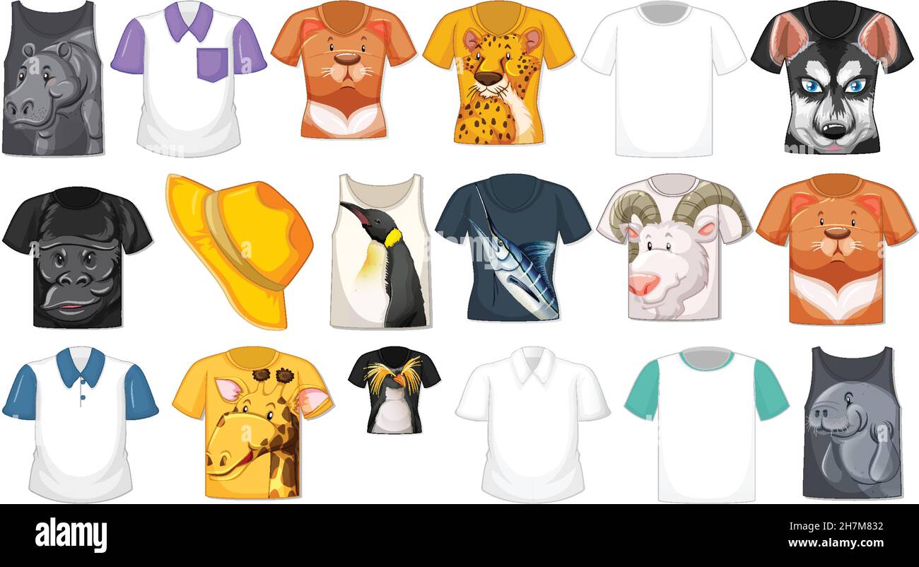 Set of different shirts and accessories with animal patterns ...