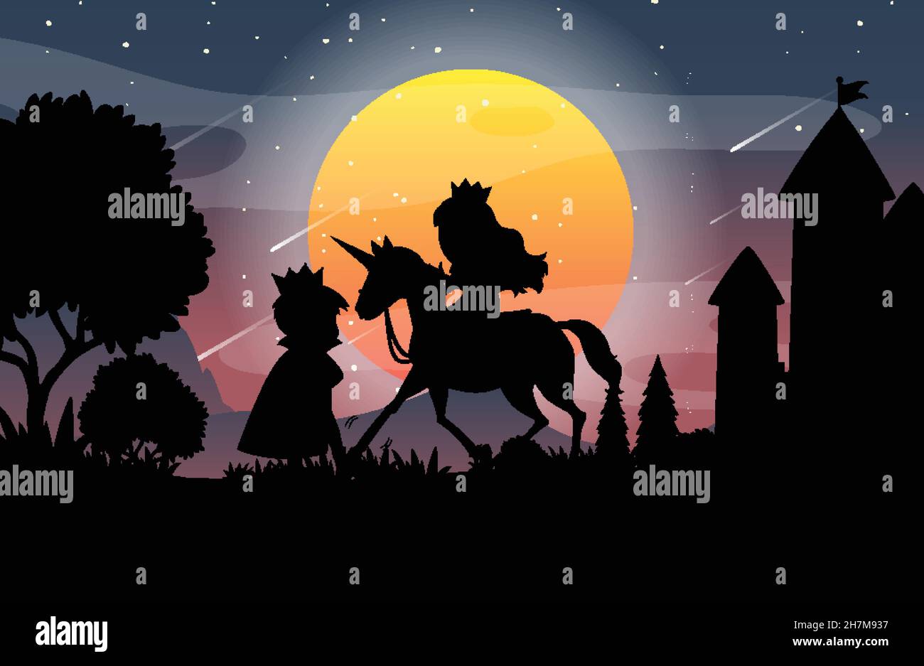 Halloween night background with prince and princess silhouette ...