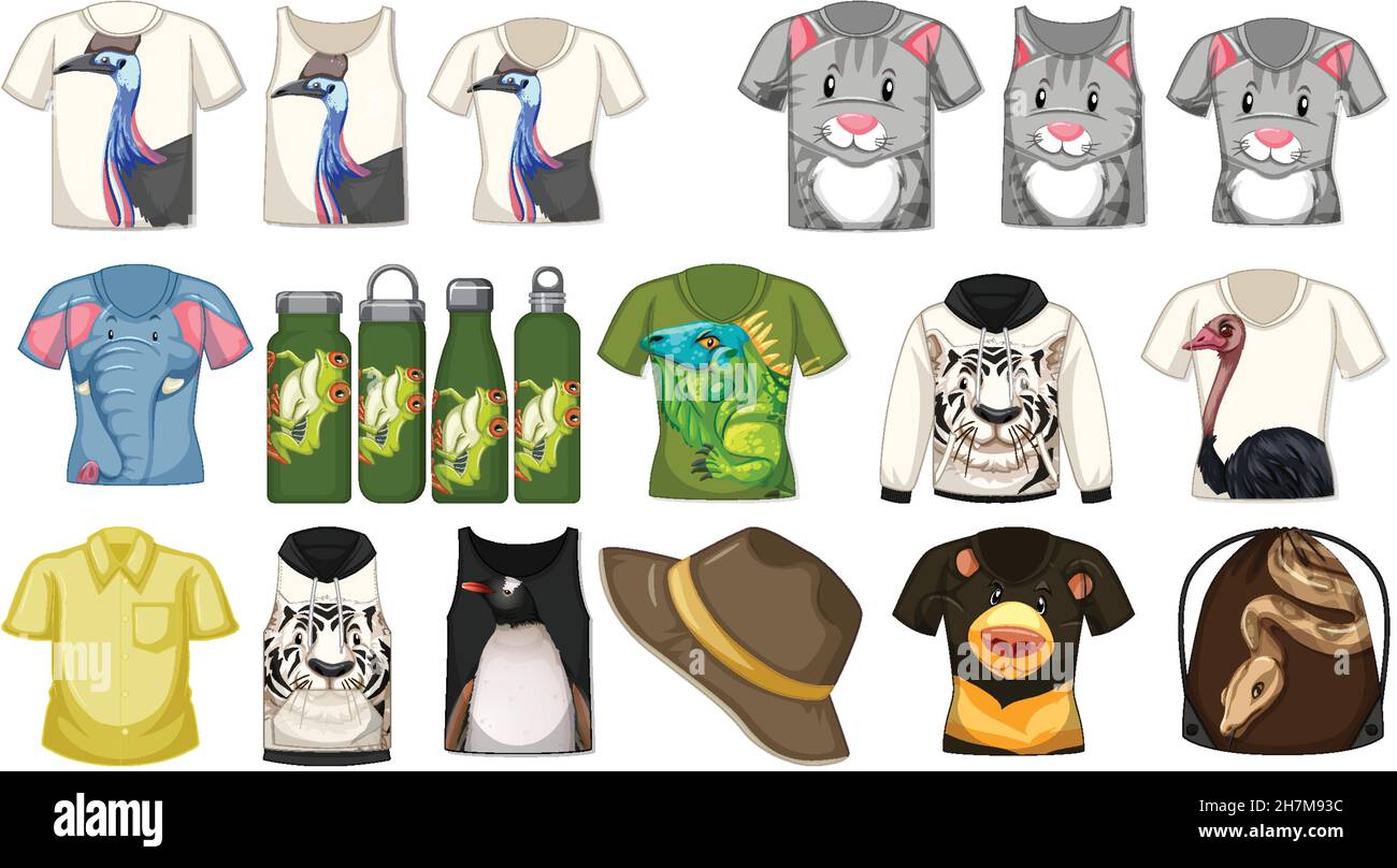 Set of different shirts and accessories with animal patterns ...