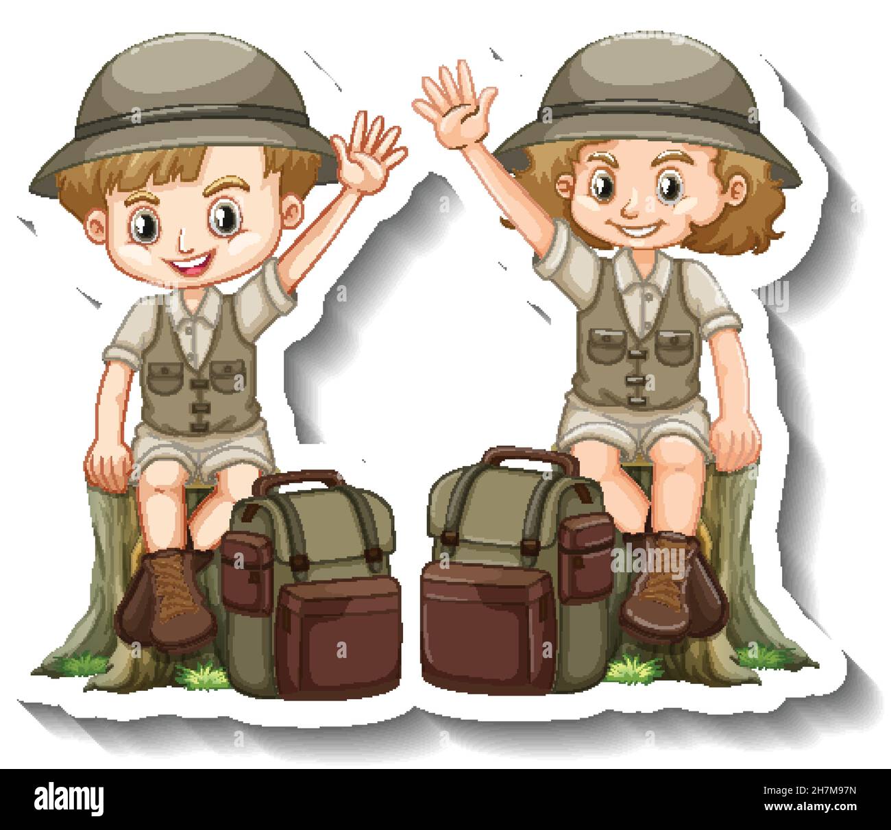Couple kids wear safari outfit cartoon character sticker illustration ...