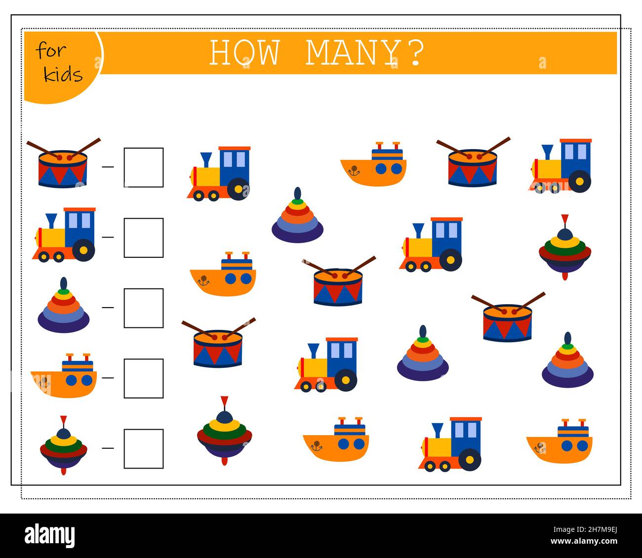 Children's math game, count how many of them. children's toys, a ship ...