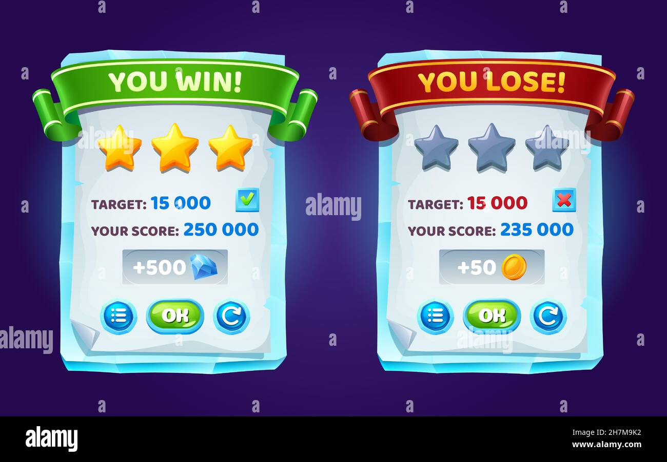 Game ui interface boards with level score, win and lose banners with golden stars and buttons ...