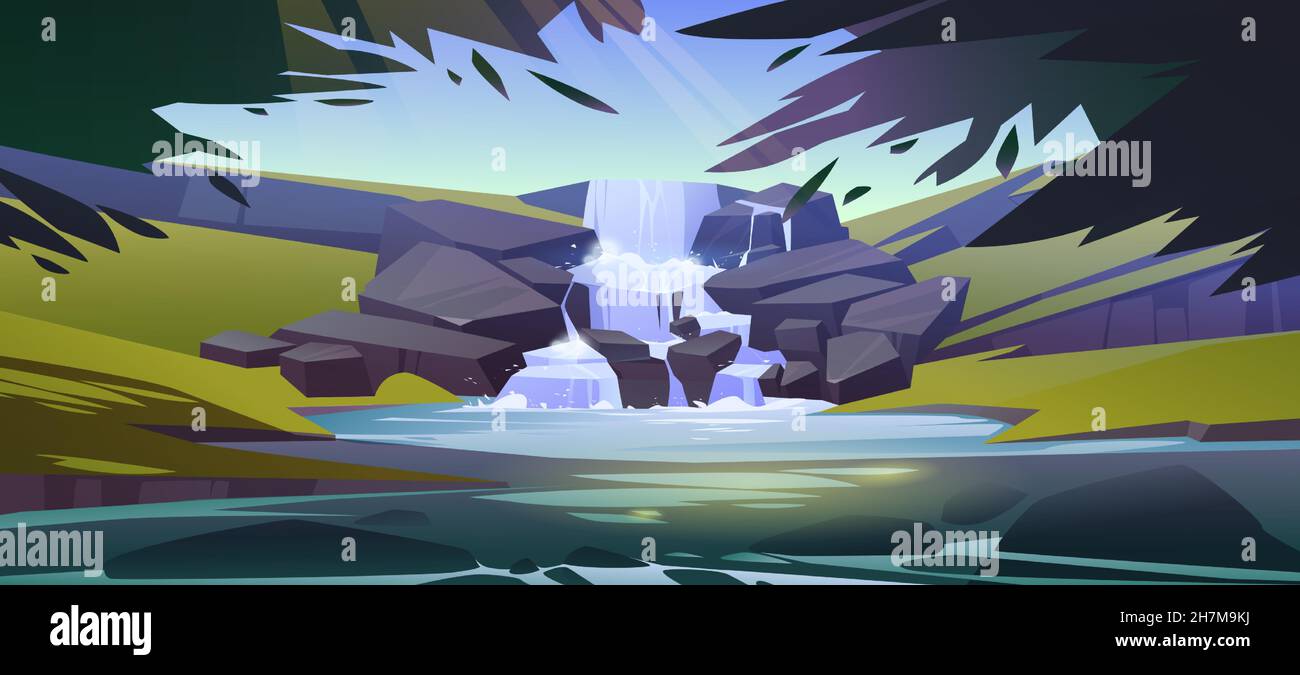 Waterfall cascade in forest cartoon landscape. River stream flowing ...