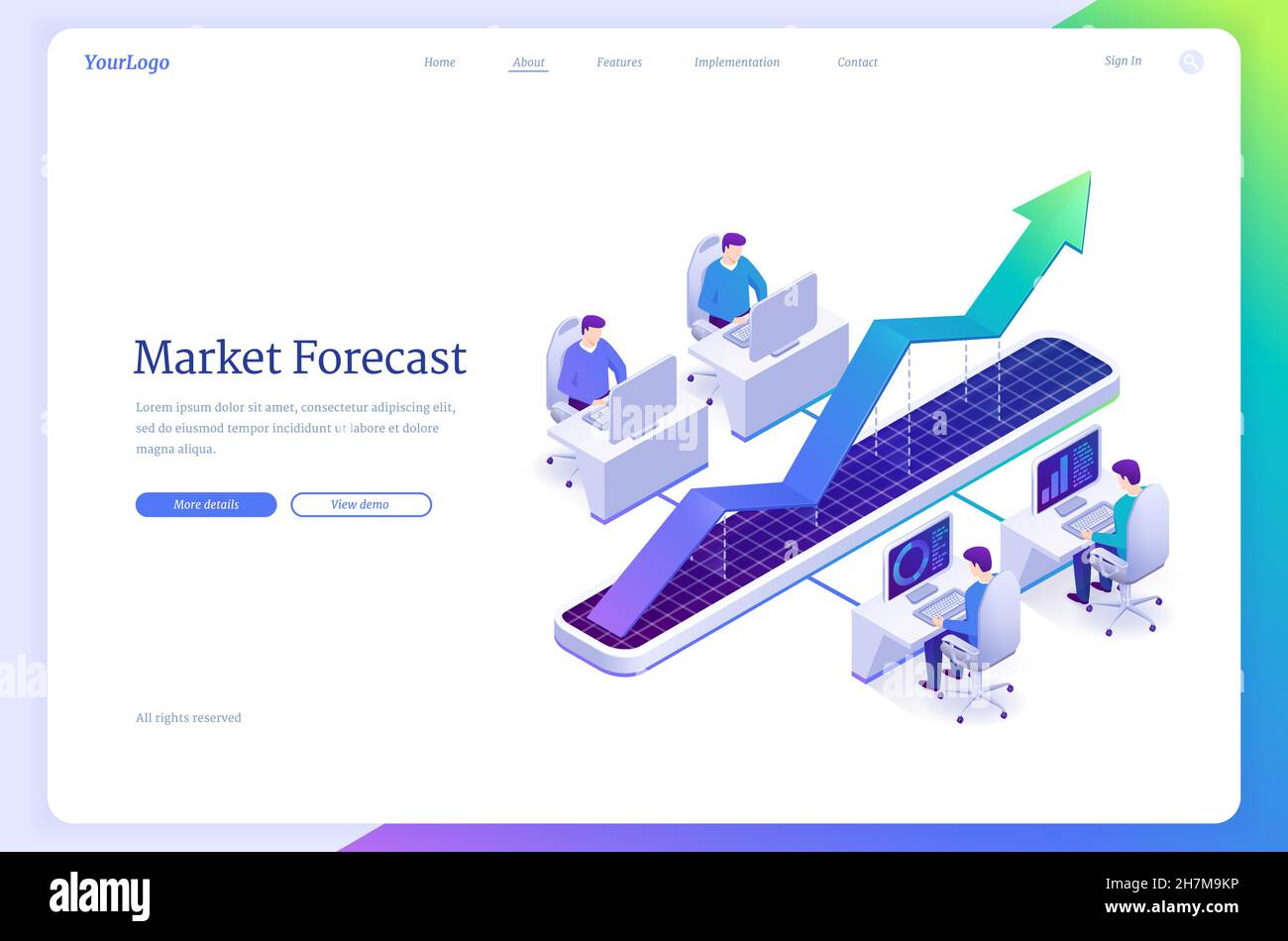 Market forecast isometric landing page. Brokers characters trying to ...