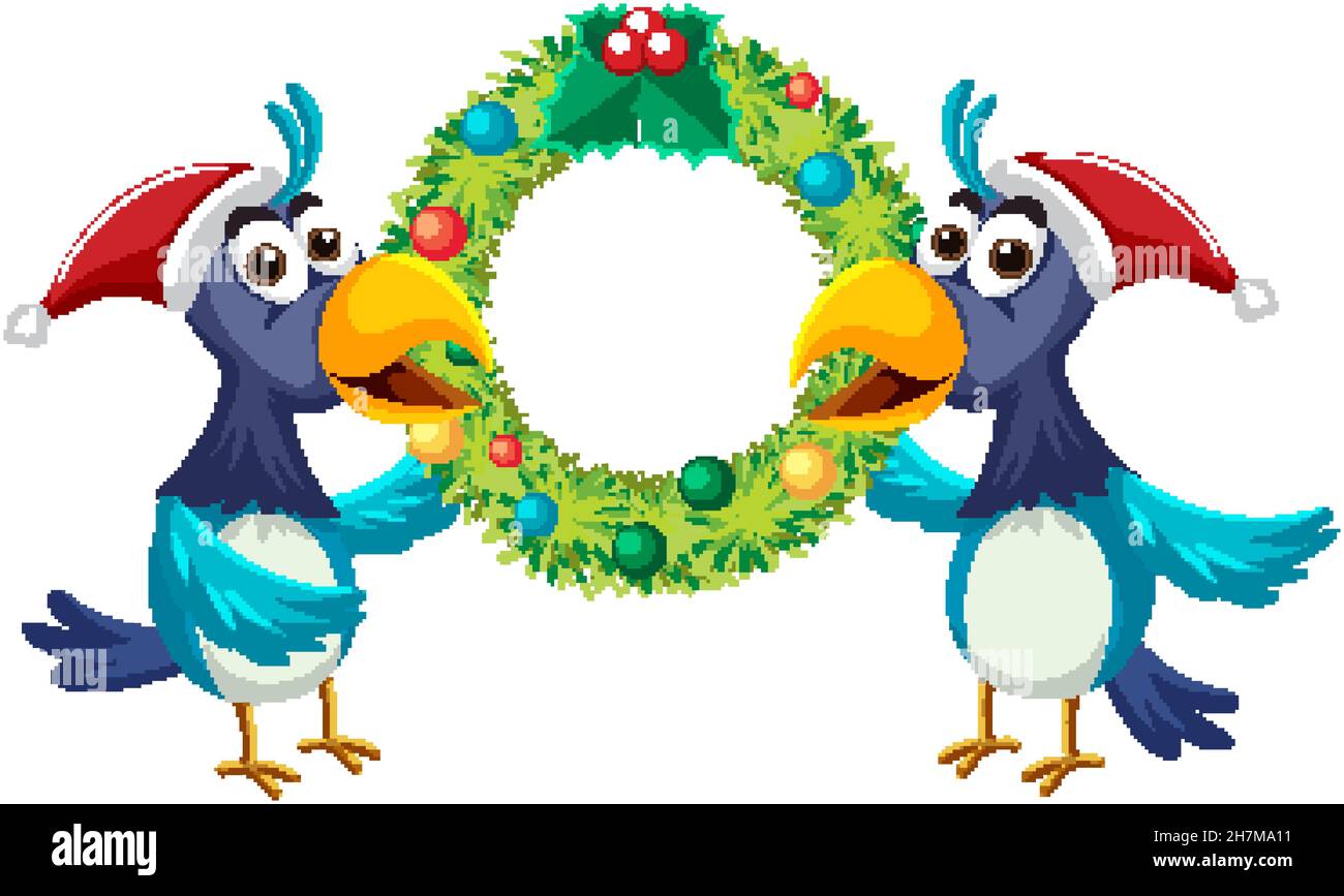 Blue bird holding christmas wreath cartoon character illustration Stock ...