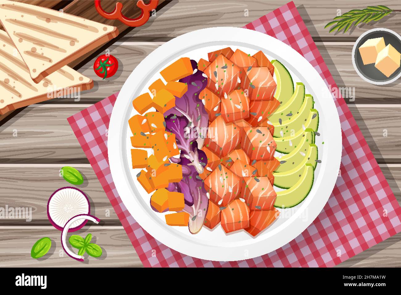 Salmon salad with bread on the table illustration Stock Vector Image ...