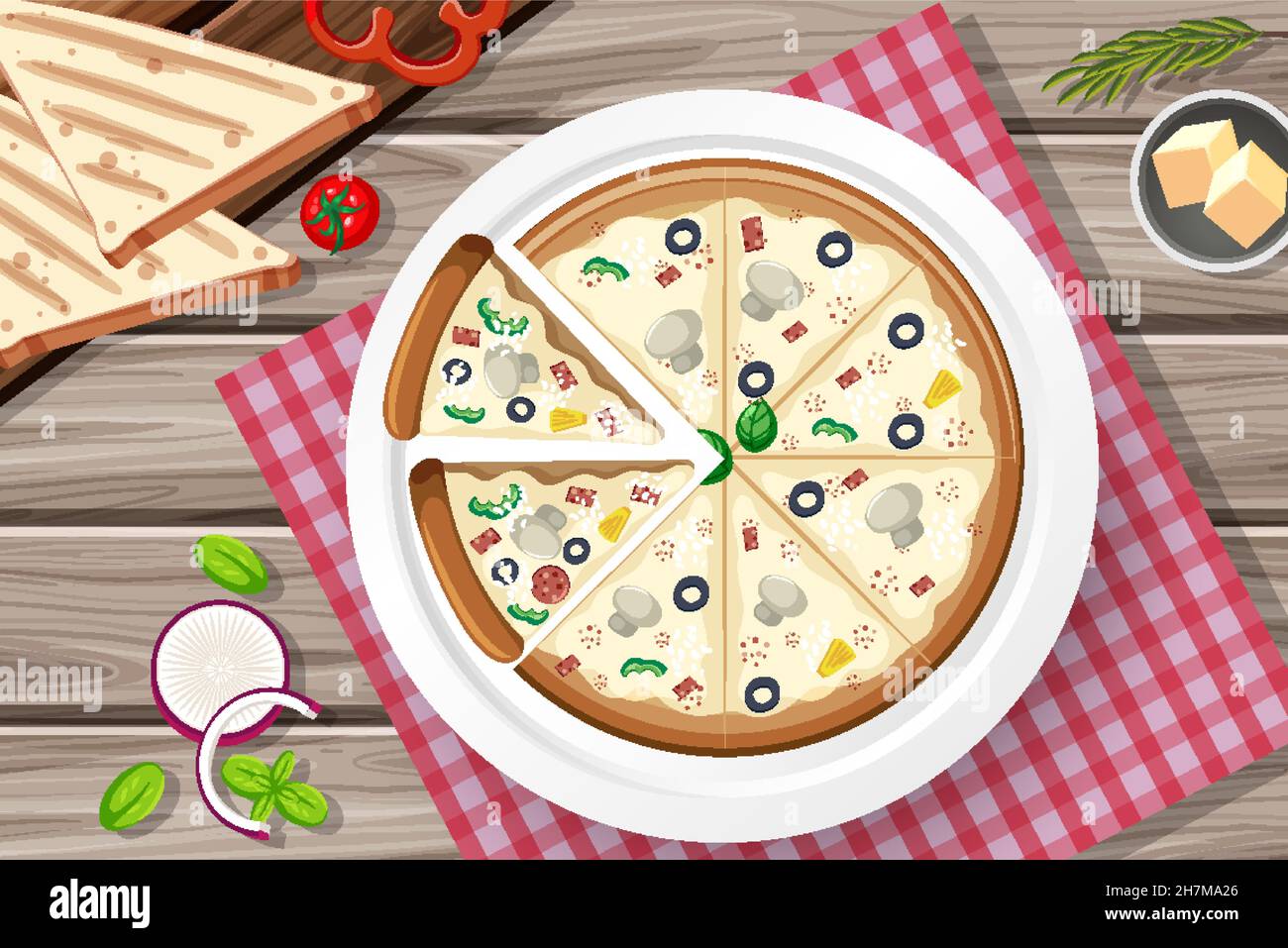 Top view ofcheese pizza on wooden table illustration Stock Vector Image ...