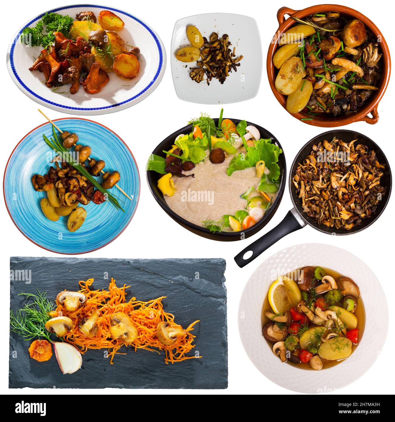 Delicious different dish with mushrooms cooked at clay pots and plates ...