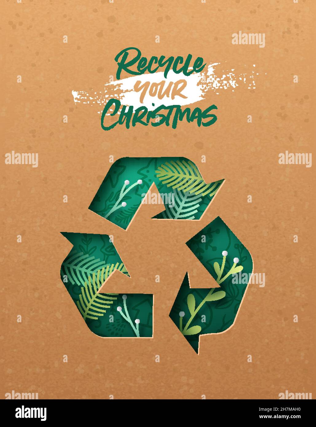 Green Christmas greeting card illustration of 3d papercut recycle arrow ...