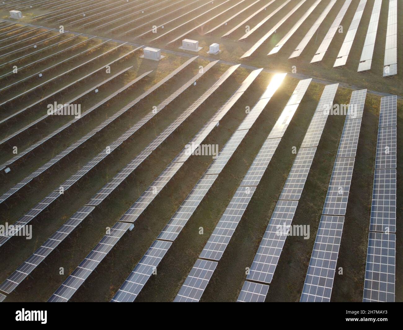 Aerial top view of a solar panels power plant. Photovoltaic solar ...