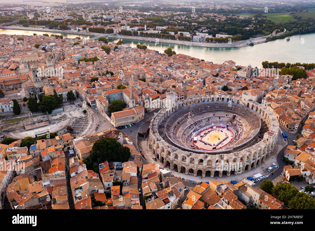 Aerial view of Arles on Rhone river overlooking Roman amphitheatre, France Stock Photo - Alamy