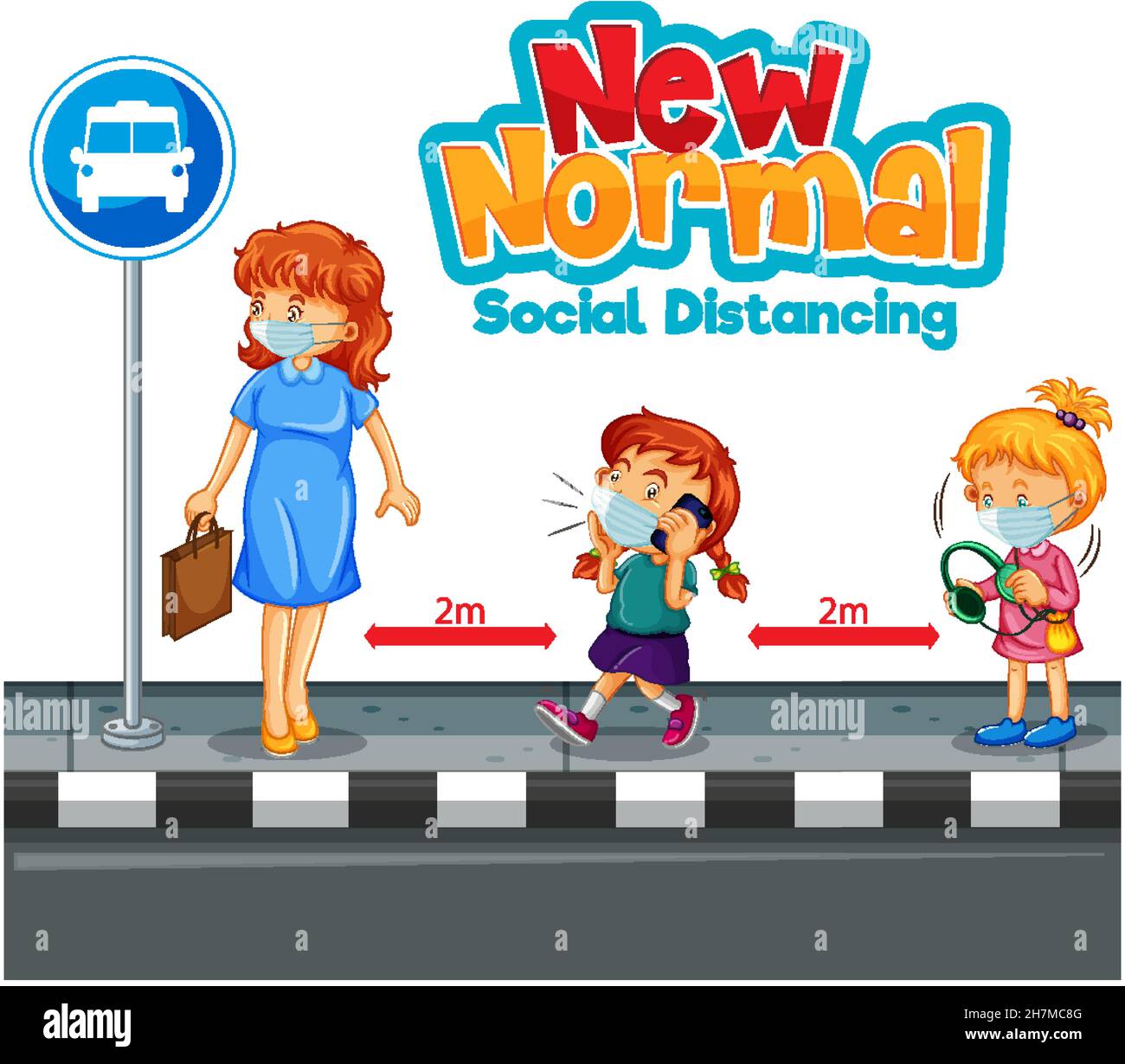 New Normal with people keeping social distancing illustration Stock ...