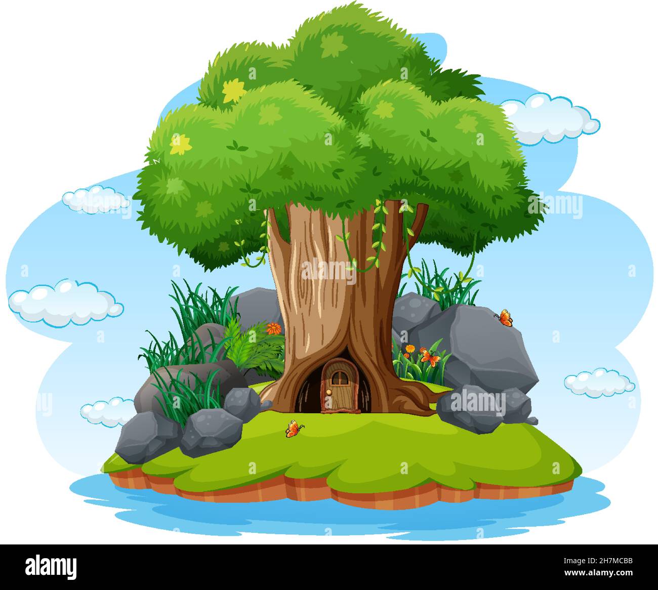Fantasy tree house inside tree trunk illustration Stock Vector Image ...