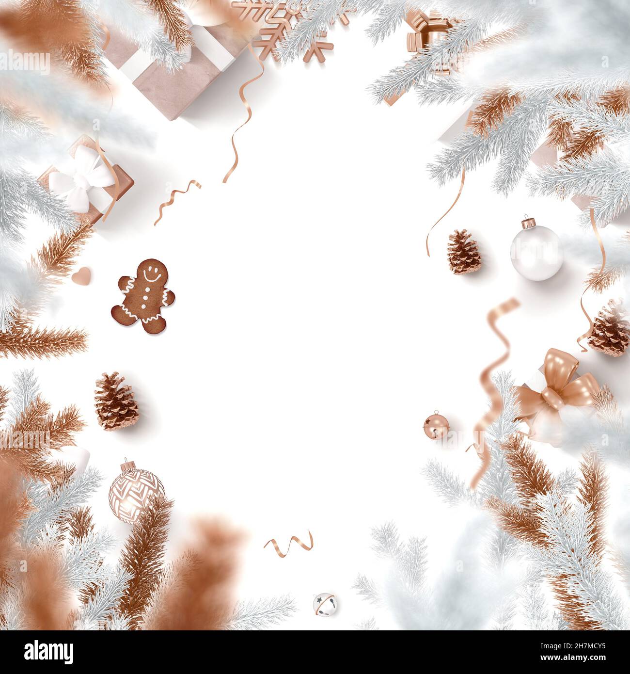 The Christmas square white blank background with bronze gift box ...