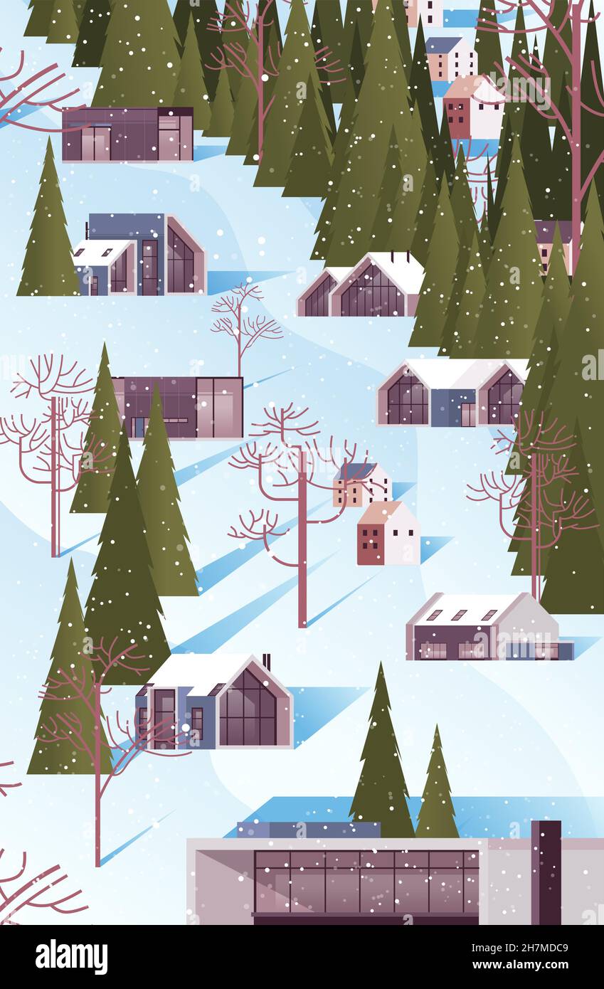 snow covered buildings in winter season residential houses area ski ...