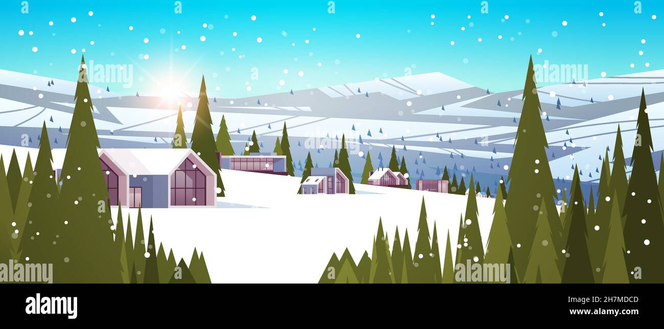 snow covered buildings in winter season residential houses area ski ...