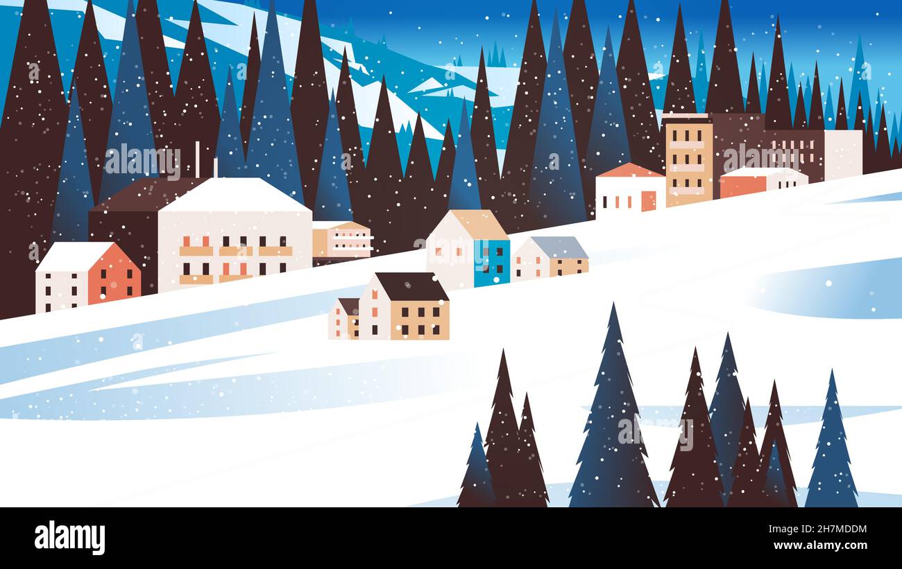 snow covered buildings in winter season residential houses area ski ...