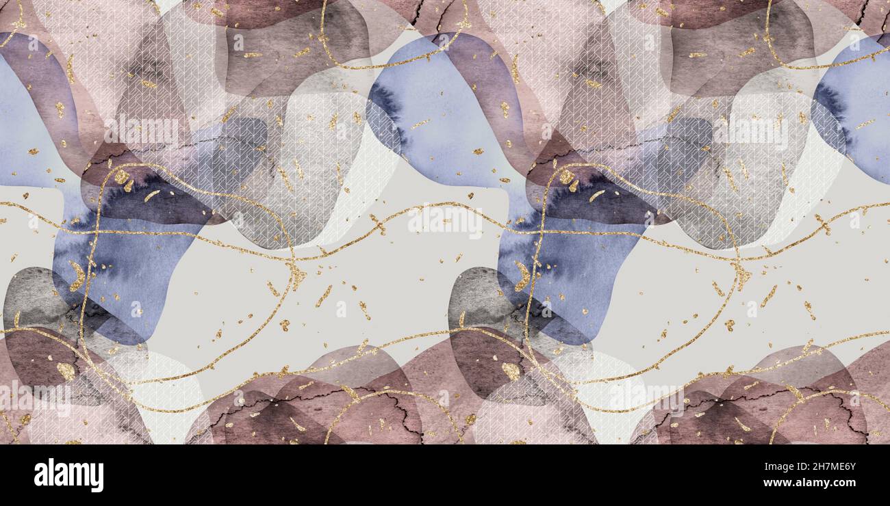 Seamless watercolor abstract organic blob shape overlay with gold lines ...