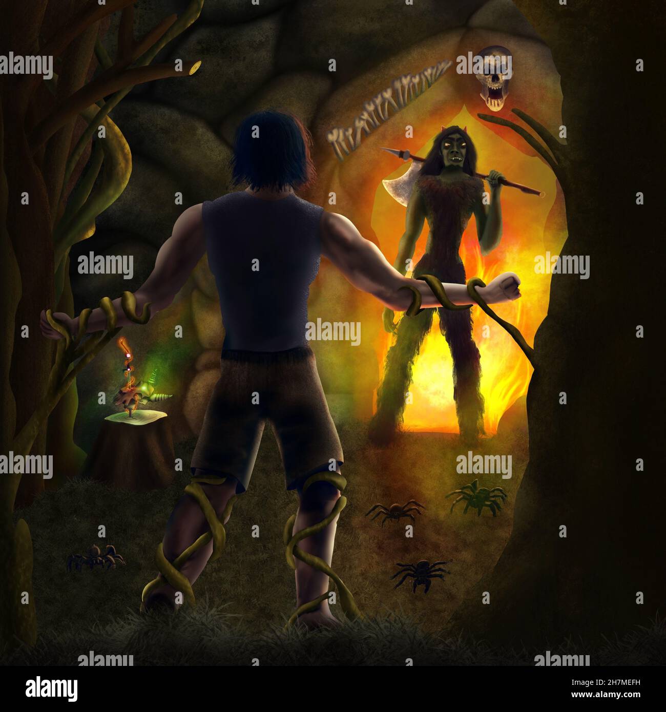 Gates to hell. A demon faun with a huge axe welcoming a newcomer to ...