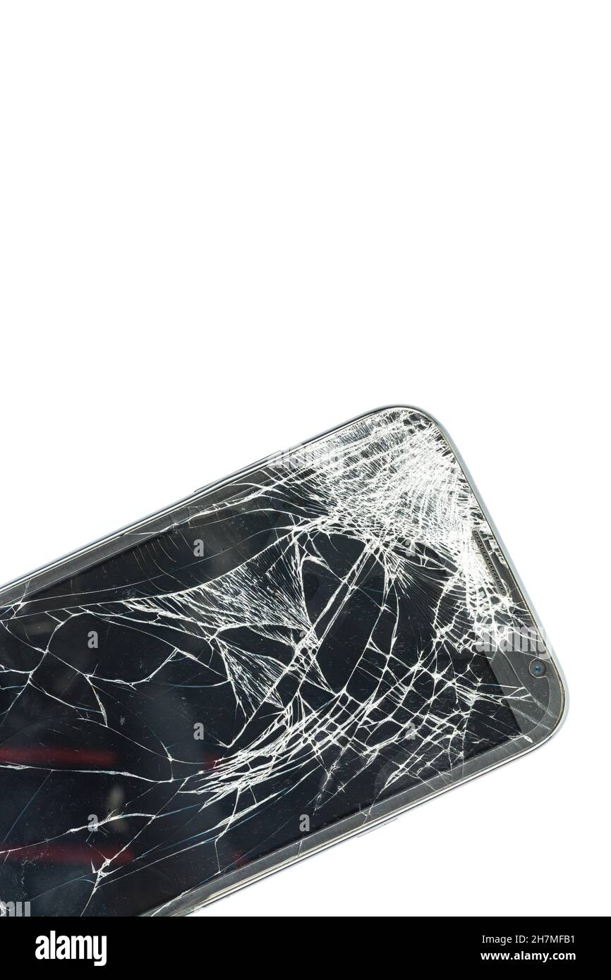 Smartphone drop to the floor and screen damage broken isolated on white ...
