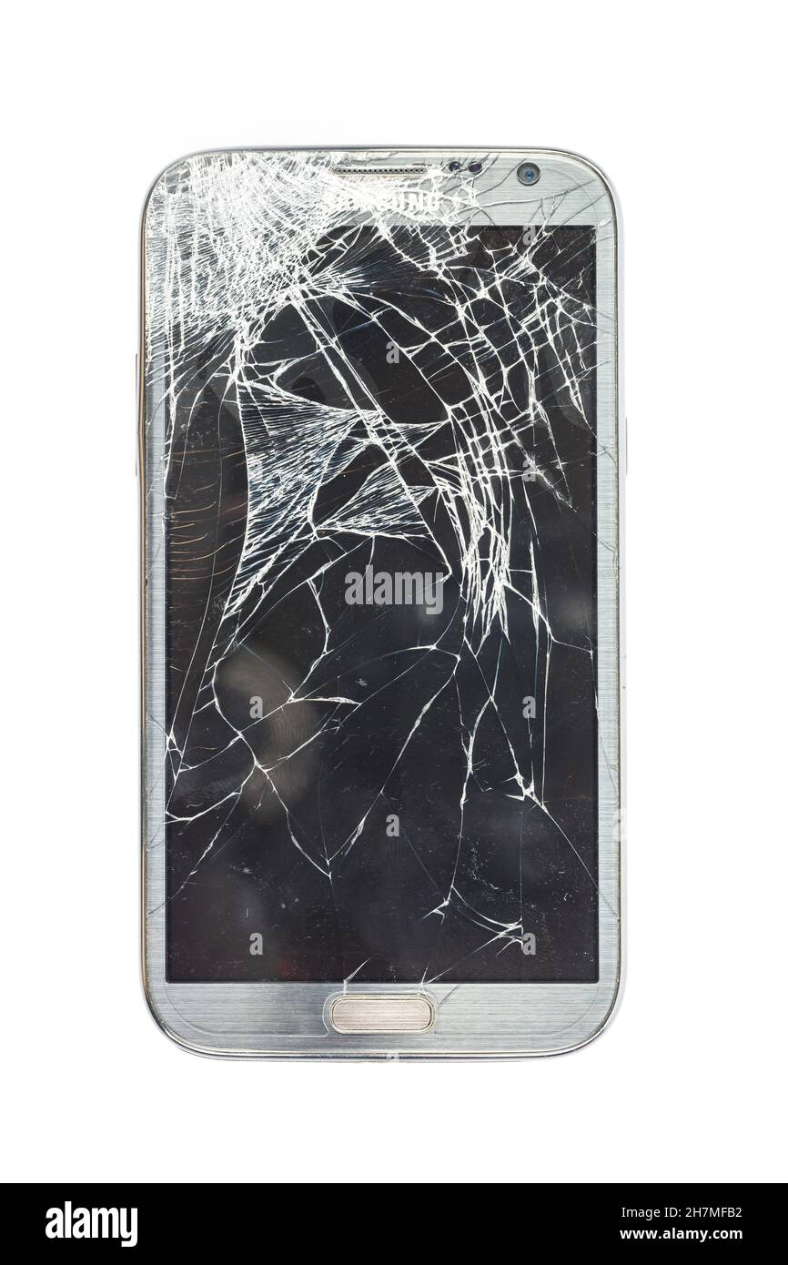 Smartphone drop to the floor and screen damage broken isolated on white ...