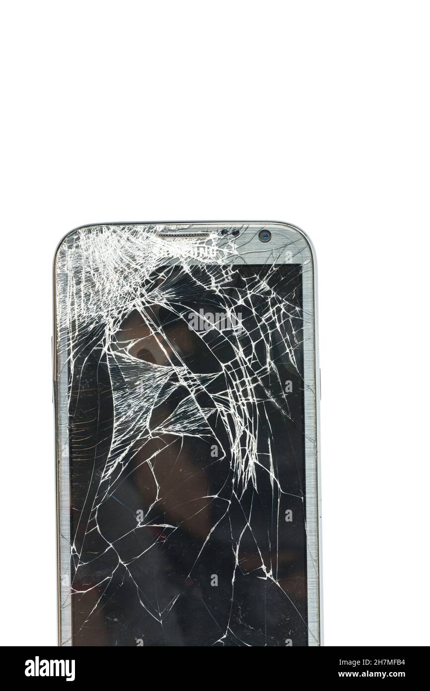 Smartphone drop to the floor and screen damage broken isolated on white ...