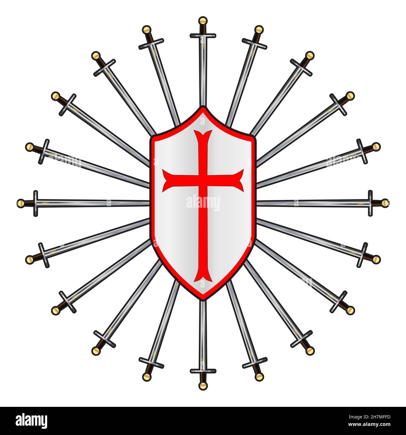 A circle of crusader broad swords set around a crusader shield all over ...