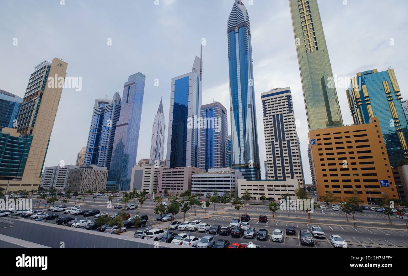 Dubai, UAE 19 February 2021: Dubai downtown. Streets in Dubai with ...