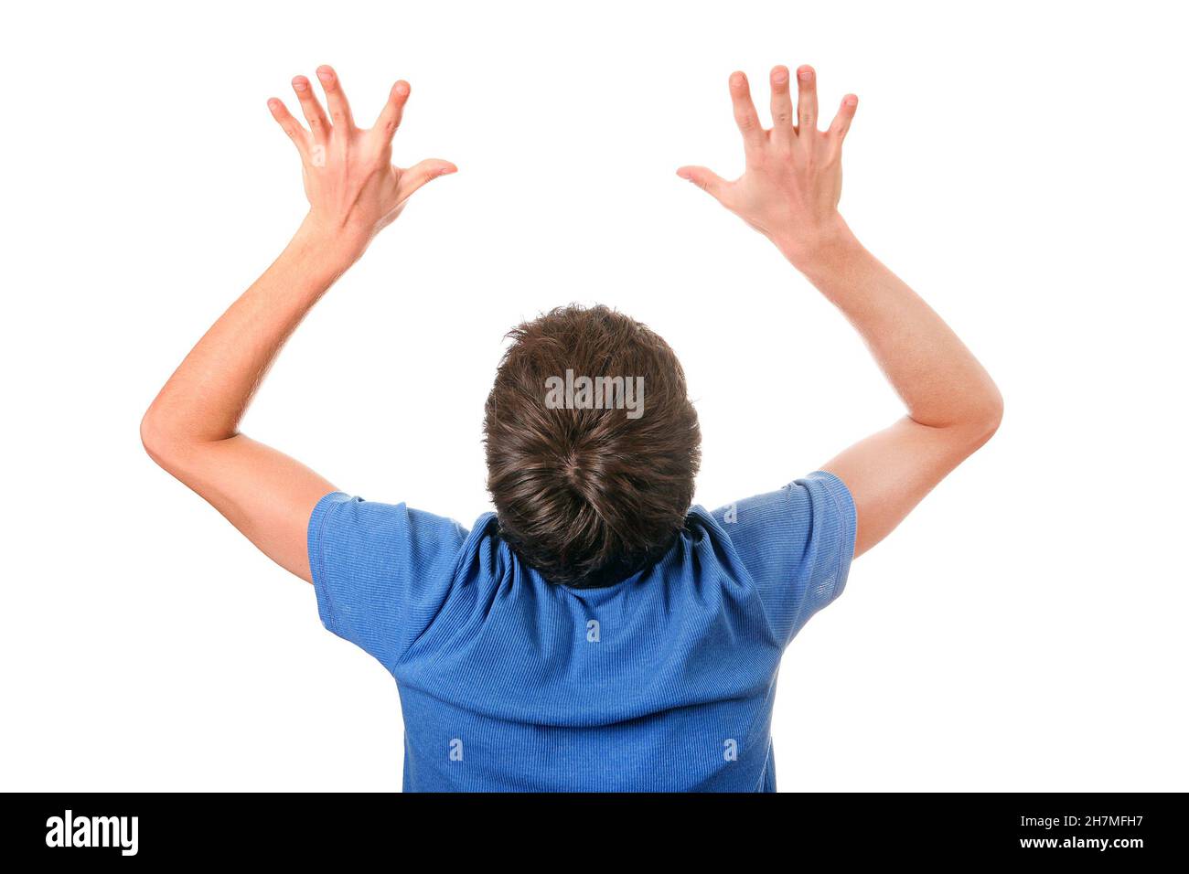 Rear View of the Man with Hands Up Isolated on the White Background ...