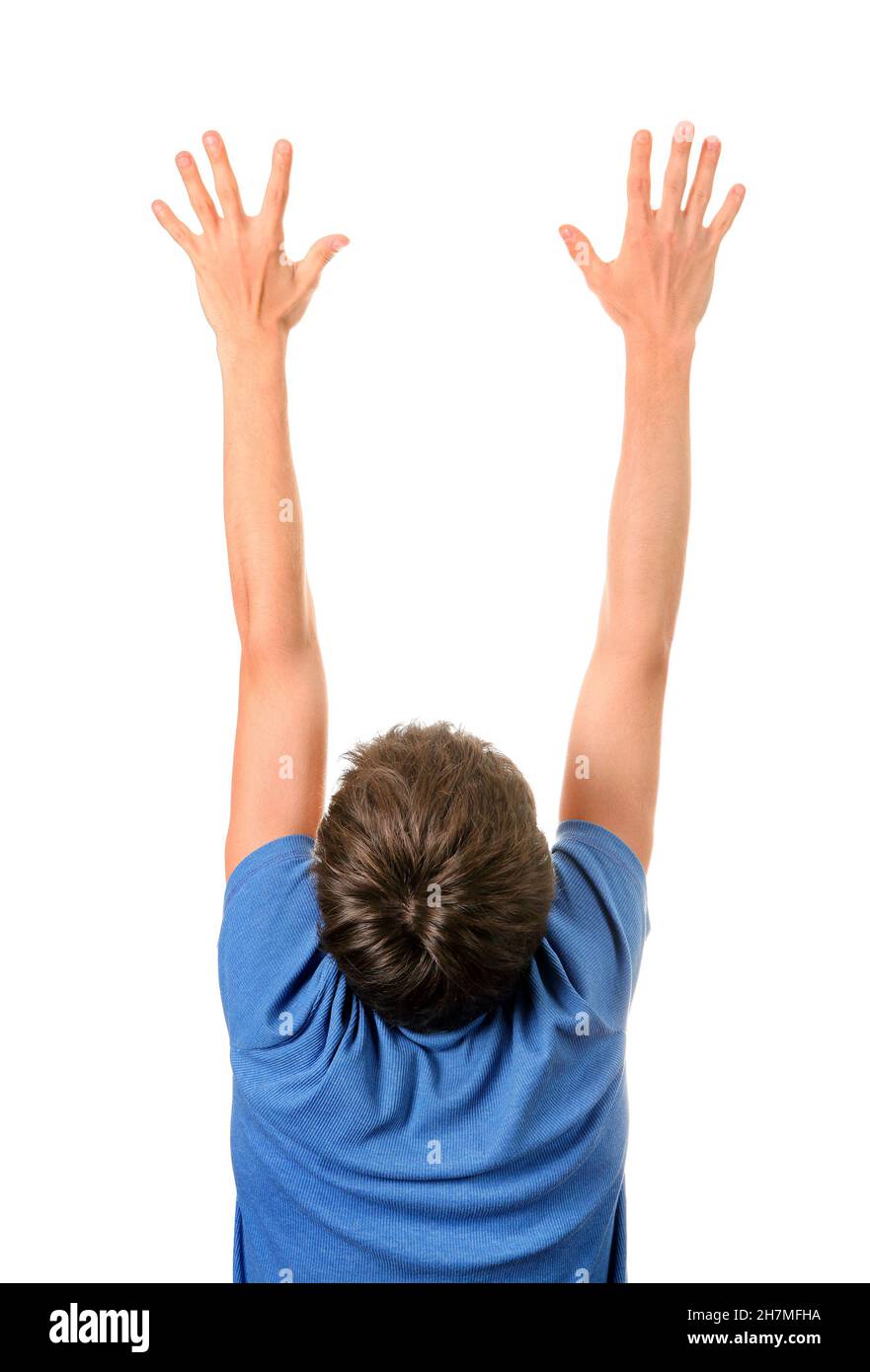 Rear View of the Man with Hands Up Isolated on the White Background ...