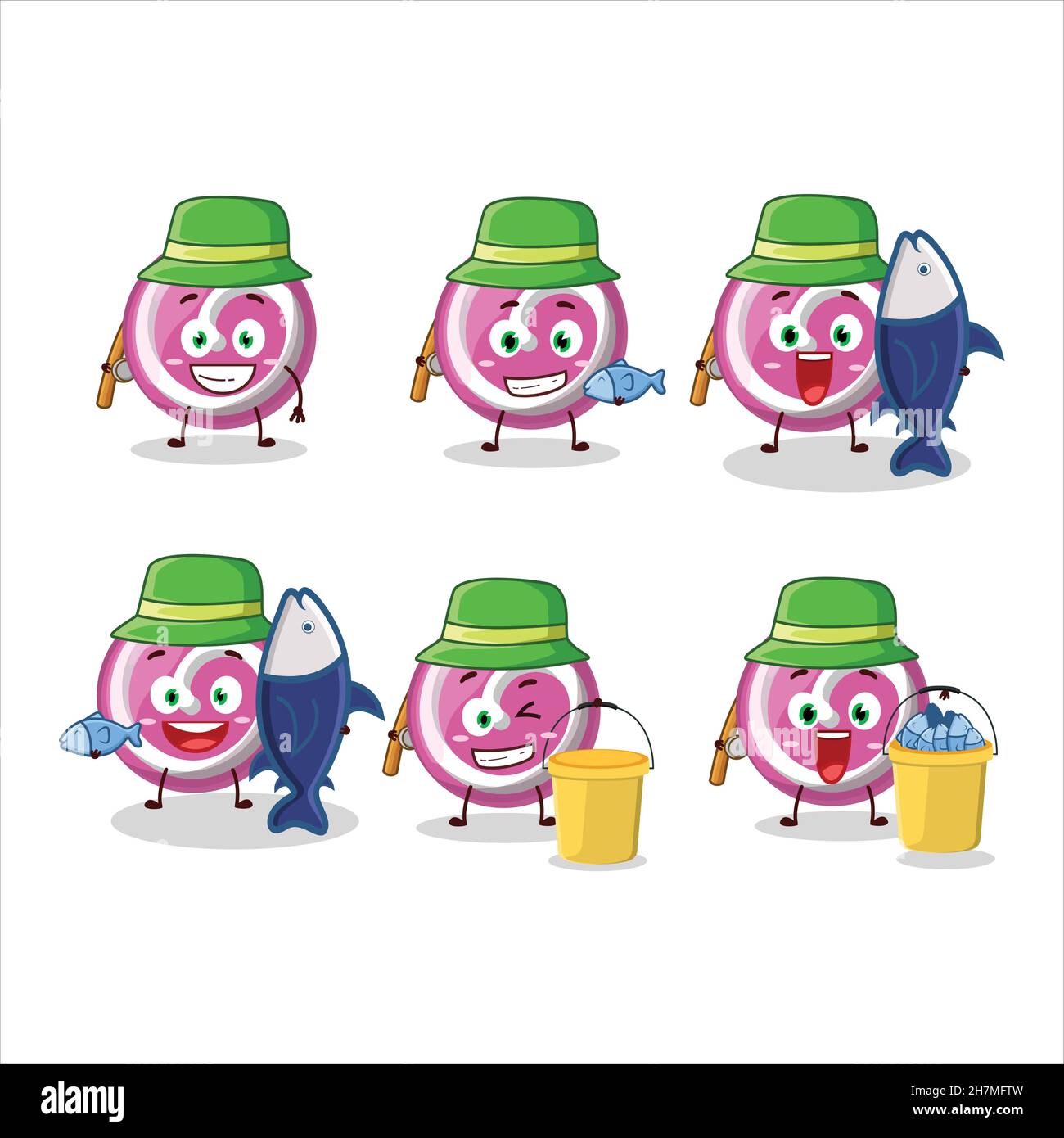 A fisherman pink sweet candy cartoon picture catch a big fish. Vector ...