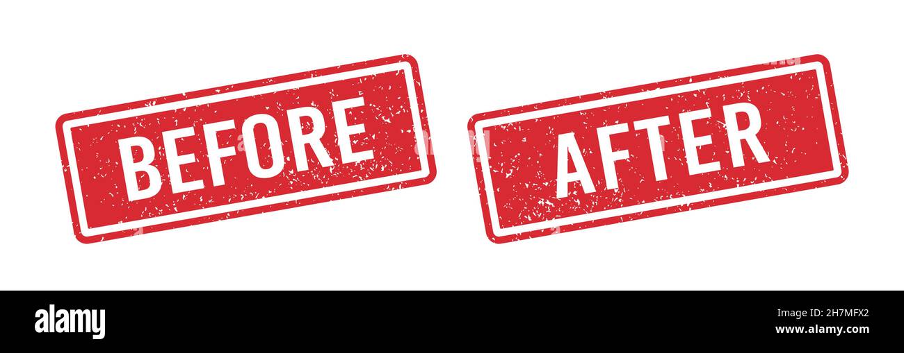 Before and after red grunge rubber stamps. Seals with words Before and ...