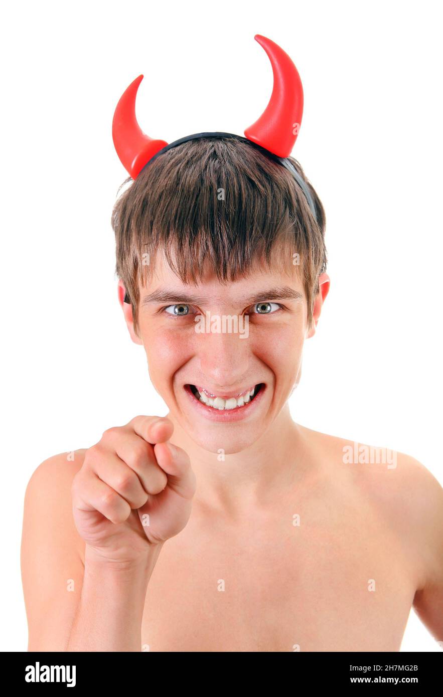 Sly Young Man in Devil Horns on the Head Isolated on the White ...