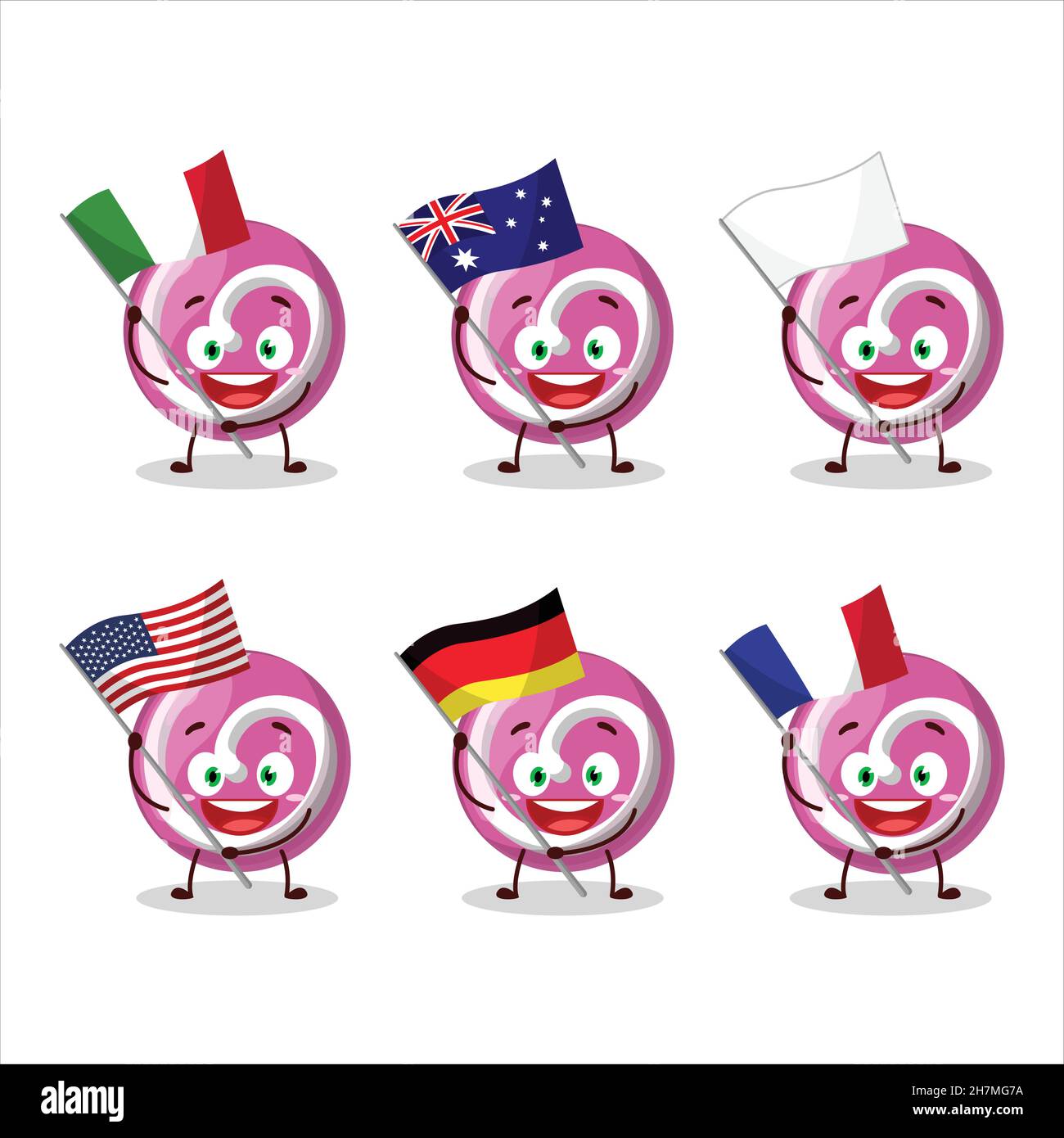 Pink sweet candy cartoon character bring the flags of various countries ...