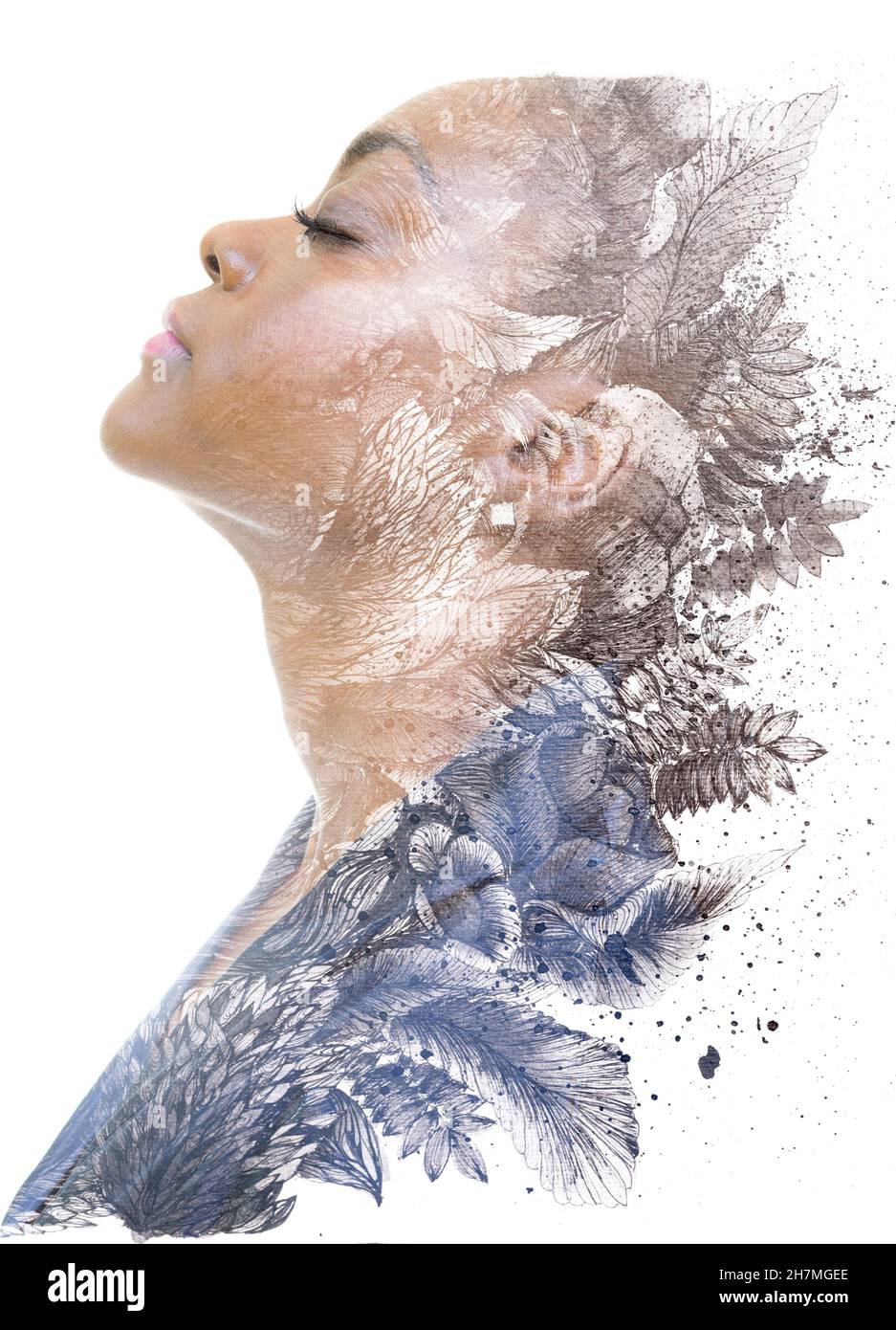 Paintography. A profile portrait of a female model combined with an ink ...
