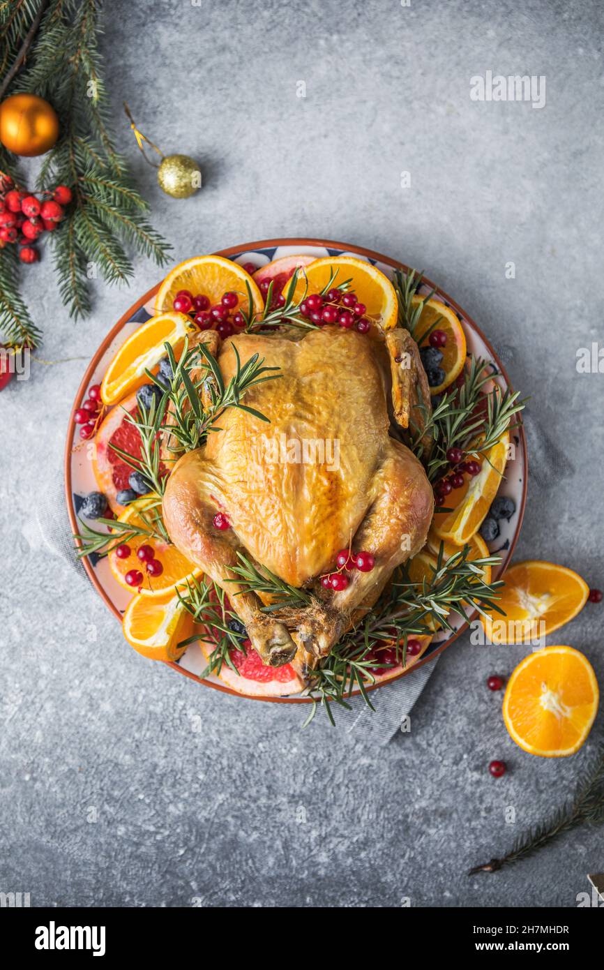 Roasted chicken or turkey. Traditional festive food for Christmas or Thanksgiving. Christmas ...