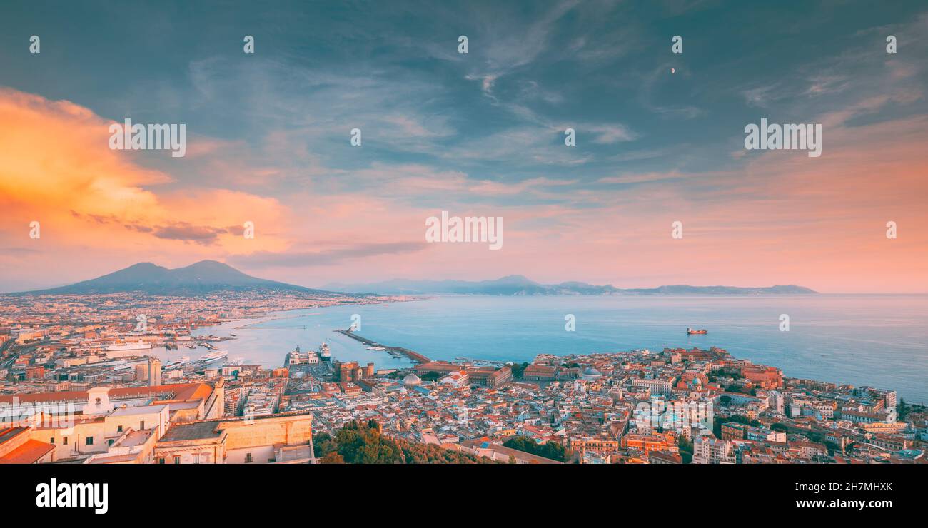 Naples, Italy. Skyline Cityscape City In Evening Sunset. Tyrrhenian Sea ...