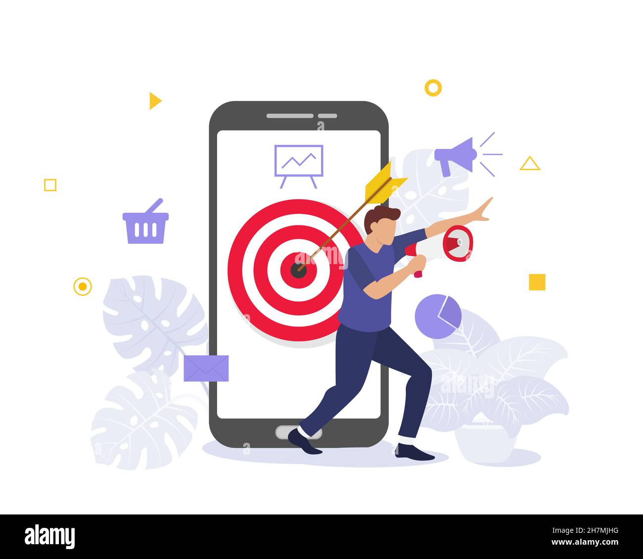 mobile marketing concept with business man standing with loudspeaker ...