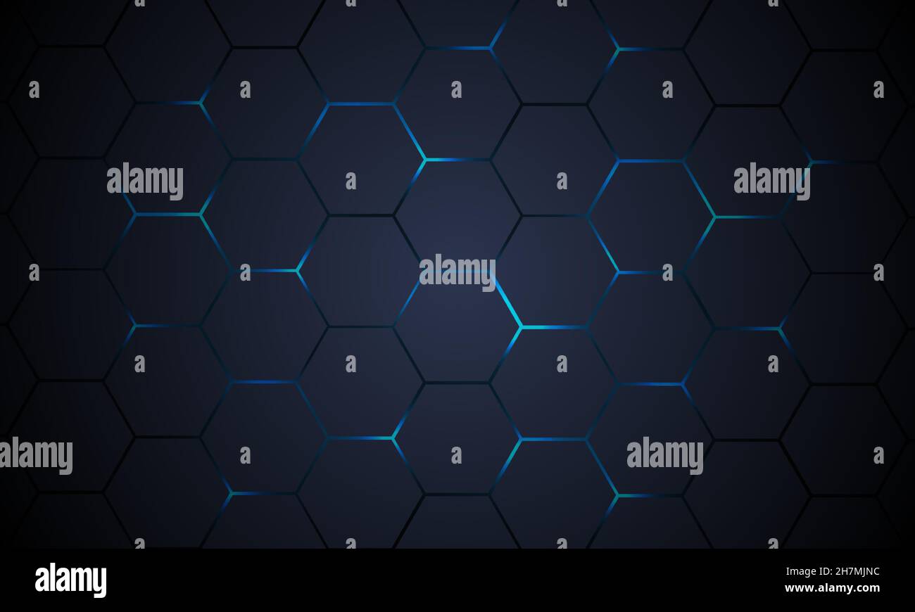 Dark gray hexagonal technology vector abstract background. Blue bright energy flashes under ...