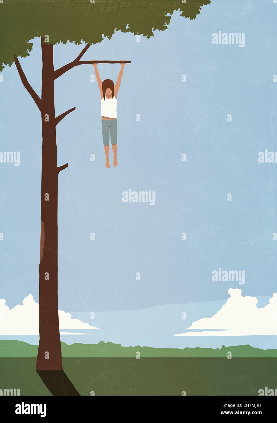 Woman hanging from tree branch Stock Photo - Alamy