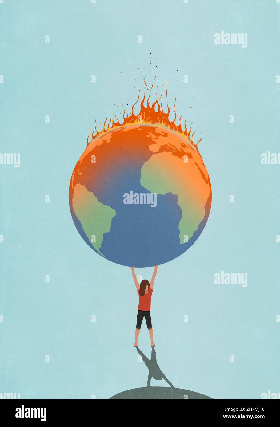 Woman holding burning globe overload Stock Photo - Alamy