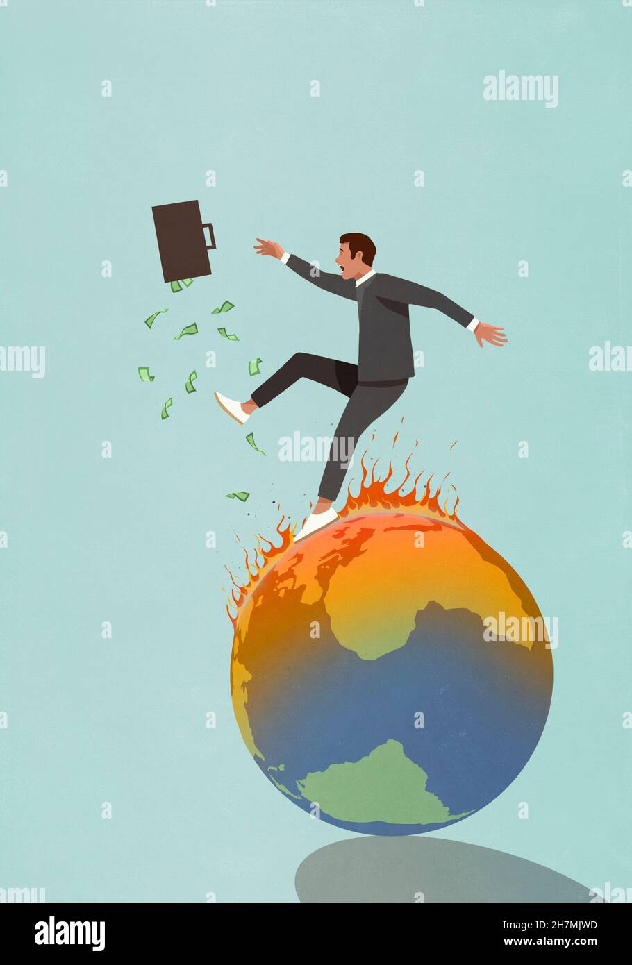 Businessman with briefcase of money falling on burning globe Stock ...