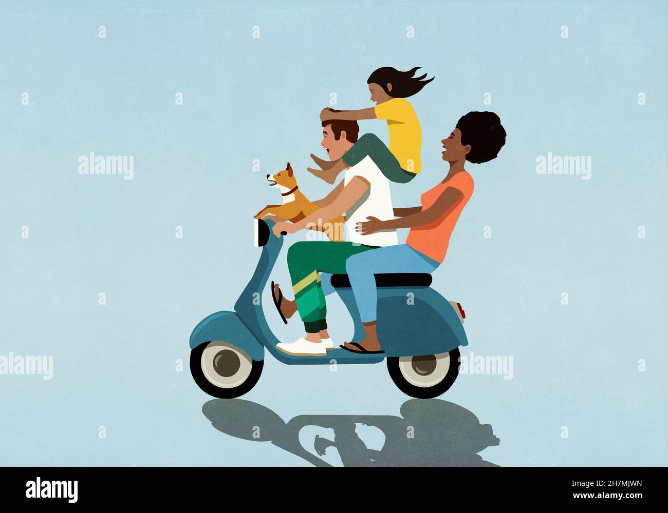 Carefree family with dog riding motor scooter Stock Photo - Alamy